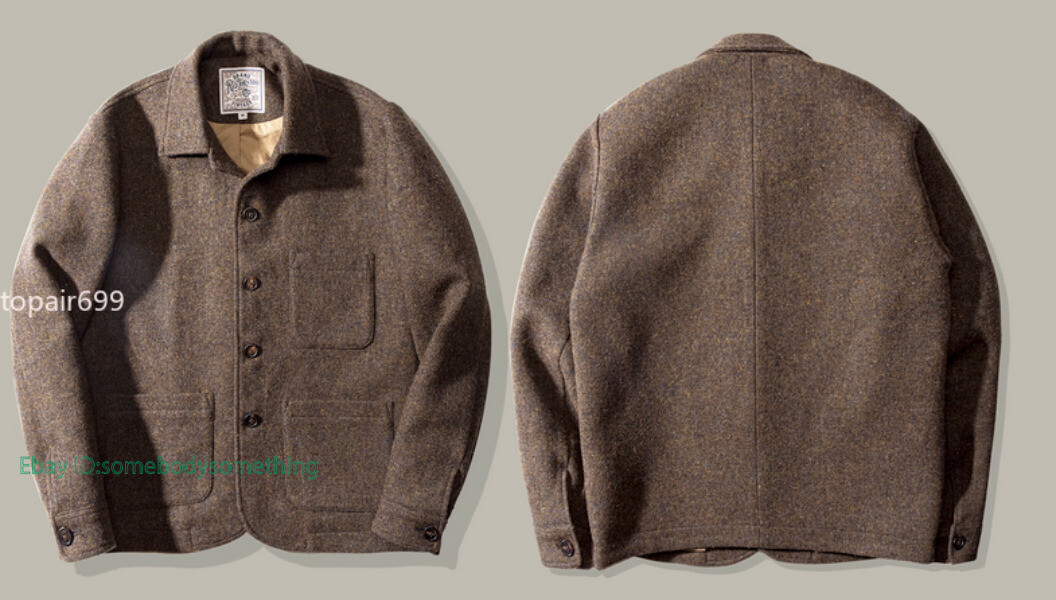 Work Jacket Winter Warm Men's Wool Tweed Coat retro Casual Pockets Top ...