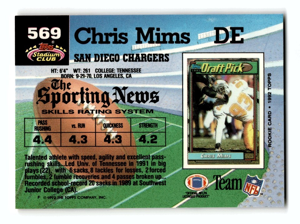 Chris Mims RC Rookie 1992 Stadium Club #569 San Diego Chargers Mint | eBay