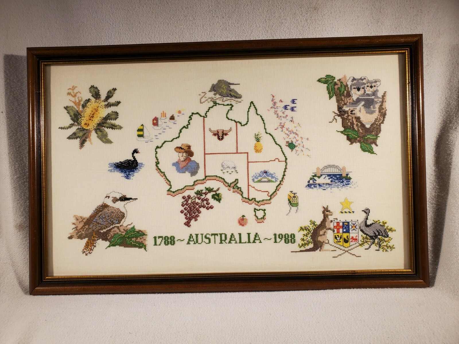 Vtg Bicentennial Australian Map Needlepoint Embroidery Prof Frame 32" x ...