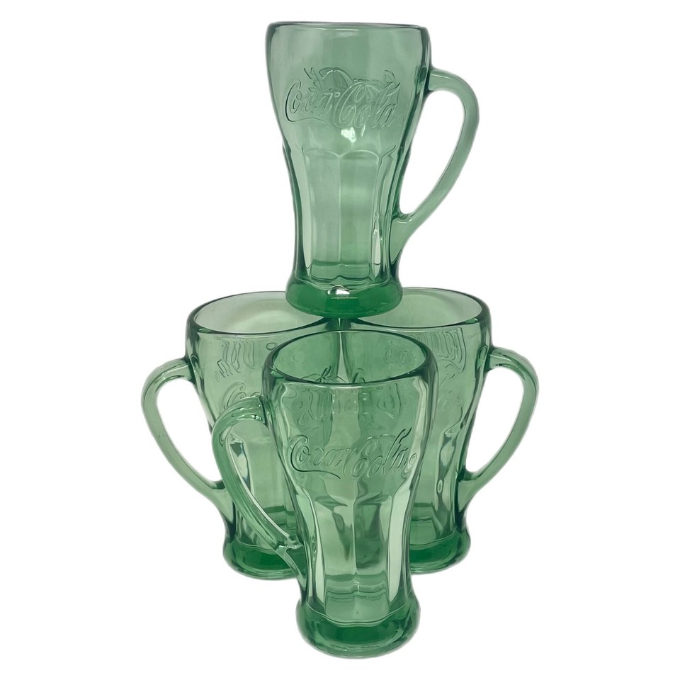 (4) Vtg Coca-Cola Soda Green Heavy Glass Libby w/ Handles 15 14 oz L x ...