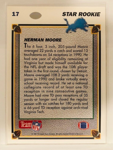1991 Upper Deck Football Herman Moore Rookie #17 NFL Card Detroit Lions ...
