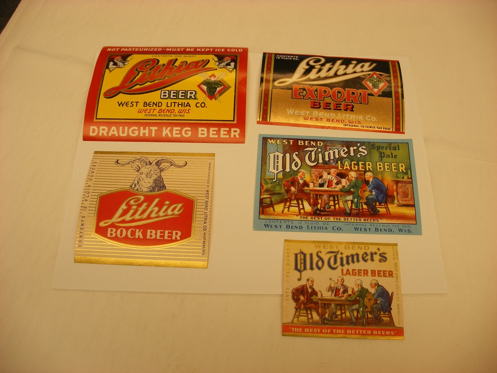 Vtg 5 Beer Label Lot - Lithia & Old Timer Brewing Co. West Bend WI | eBay