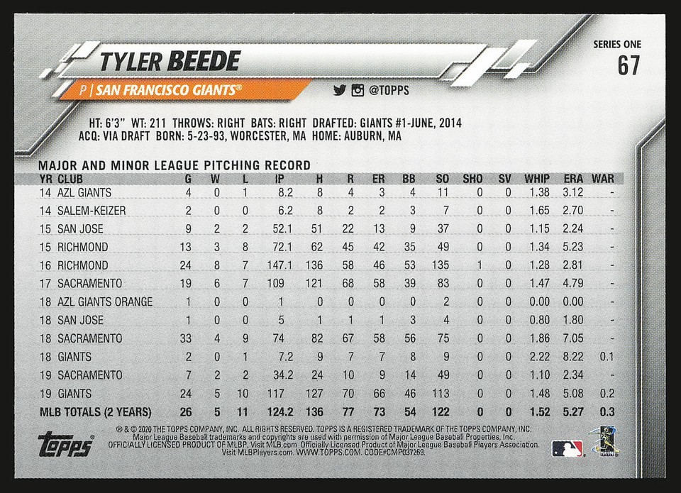 2020 Topps #67 Tyler Beede | eBay