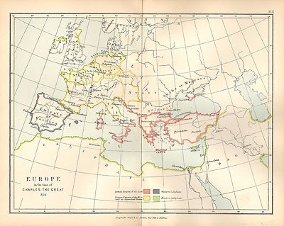 ANTIQUE MAP EUROPE CHARLES THE GREAT 814 ROMAN EMPIRE CALIPHATE WESTERN ...
