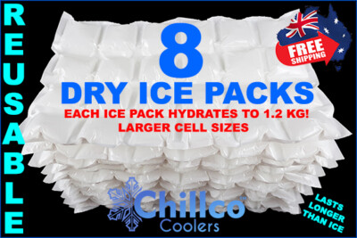 8 X SHEETS DRY GEL ICE PACKS - REUSABLE - HYDRATES TO 1.2 KG - DRY ICE ...
