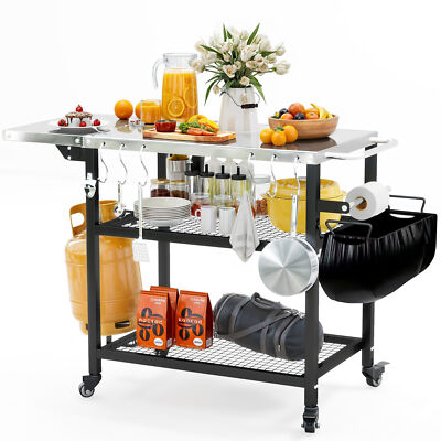 Extendable 3-Tiers Rolling Grill Table Stainless Steel Tabletop Camping ...
