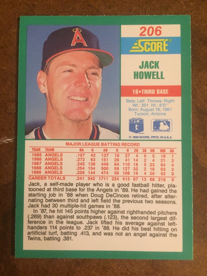 Jack Howell 206 Score 1990 MLB Baseball Trading Card | eBay