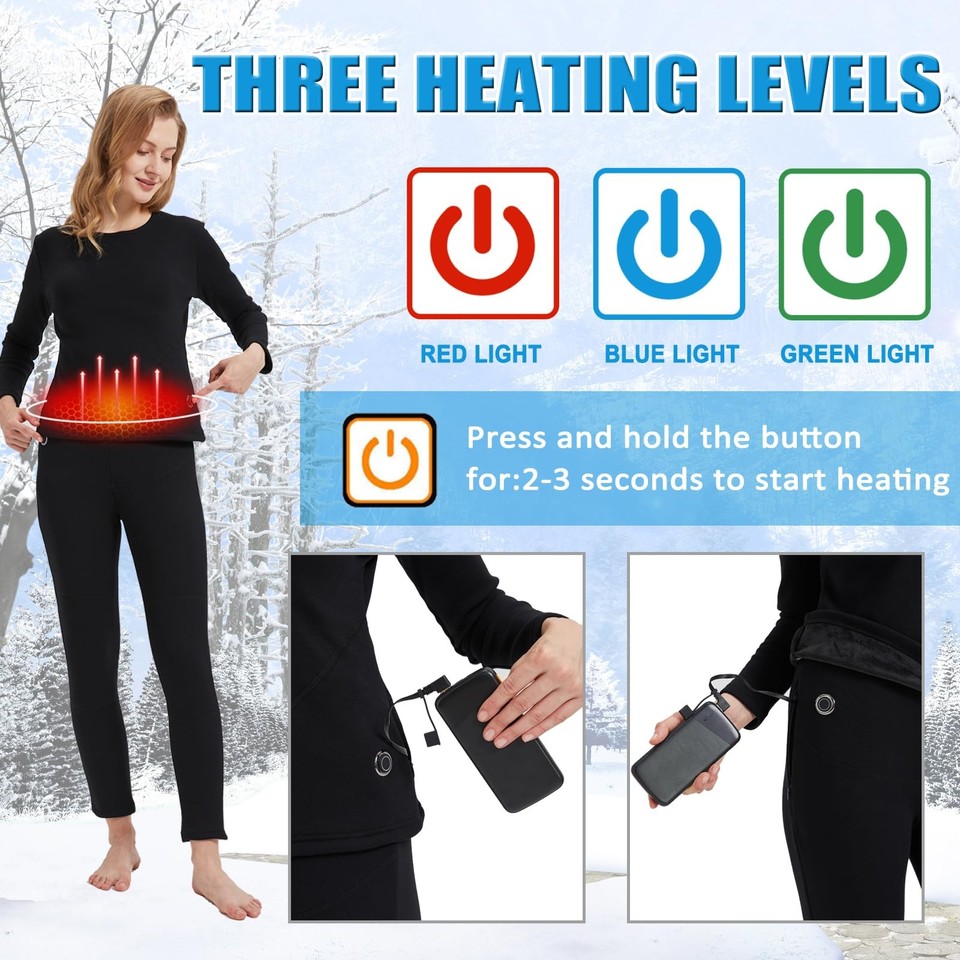 Women's Thermal Underwear Set, USB Electric Thermal Heated Long Johns ...