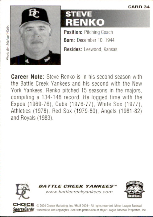 2004 Battle Creek Yankees #34 Steve Renko Leawood Kansas KS Baseball ...