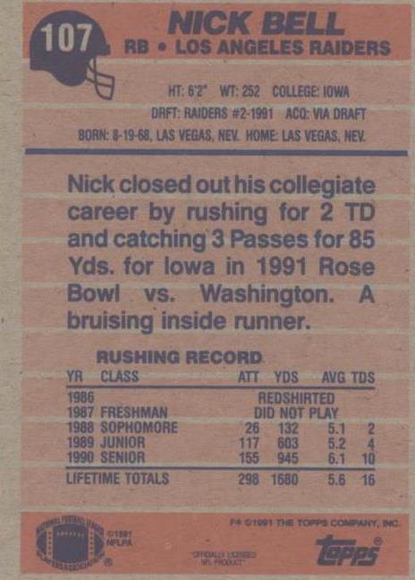 1991 Topps Nick Bell #107 for sale | eBay