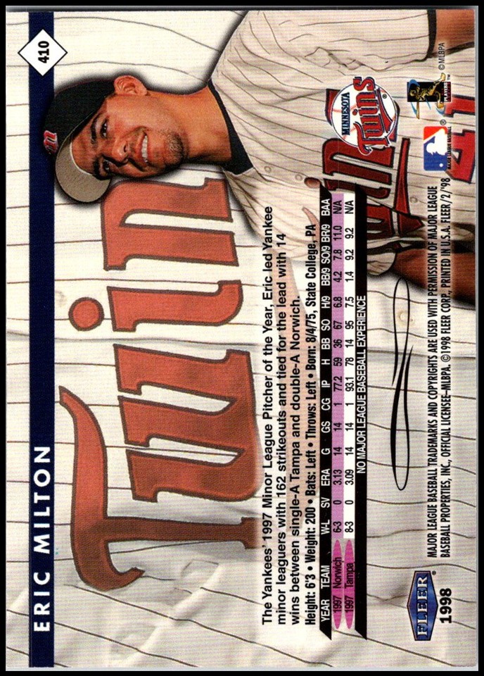 1998 Fleer Tradition #410 Eric Milton - Rookie RC FREE SHIPPING! | eBay