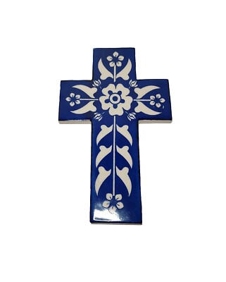 Ceramic Hanging Wall Cross Blue & White Floral Design Made in India ...