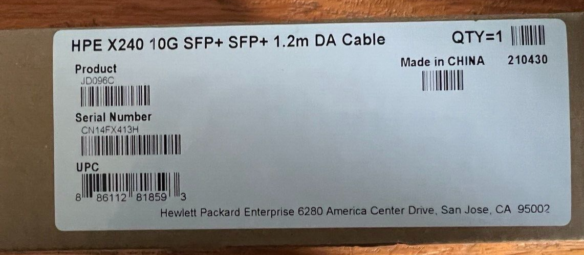 JD096C I Brand New HPE X240 10G SFP+ to SFP+ 1.2m Direct Attach Copper ...