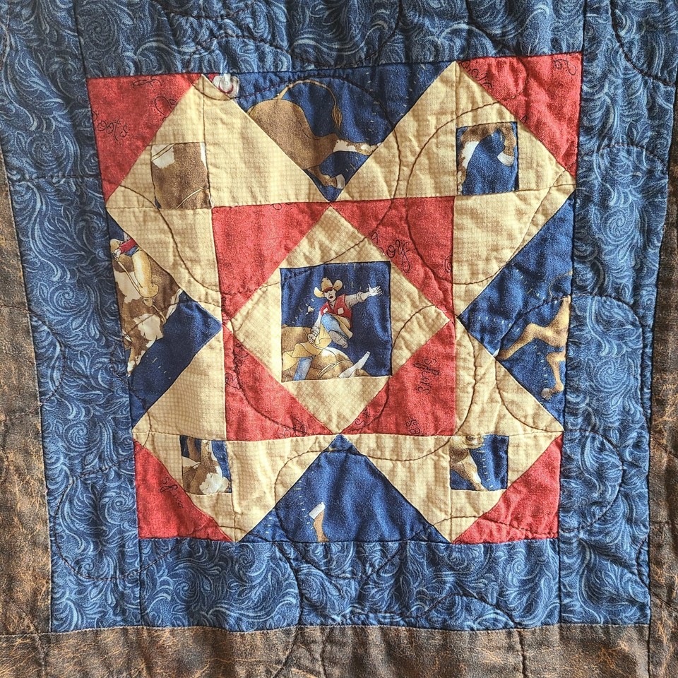 Handmade Quilt Throw Boy Red and Brown Cowboy Rodeo Print Western 62" x ...