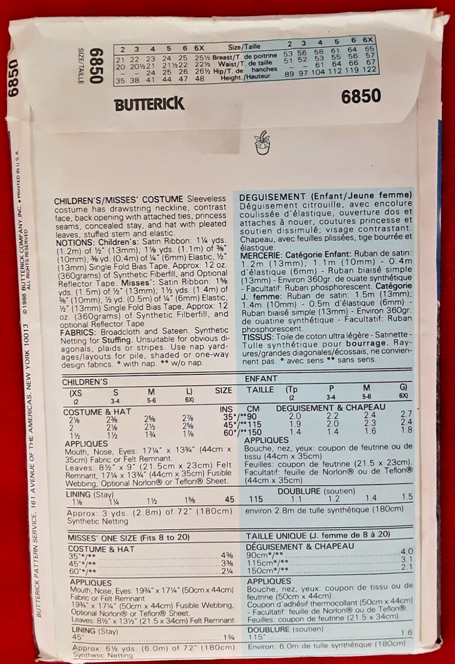 Vintage Butterick Pattern 6850 Child / Misses' Costume Sewing Craft ...