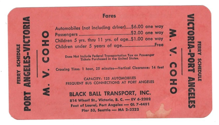 1962 Ferry Schedule Fare Price List Port Angeles Victoria MV COHO Black ...