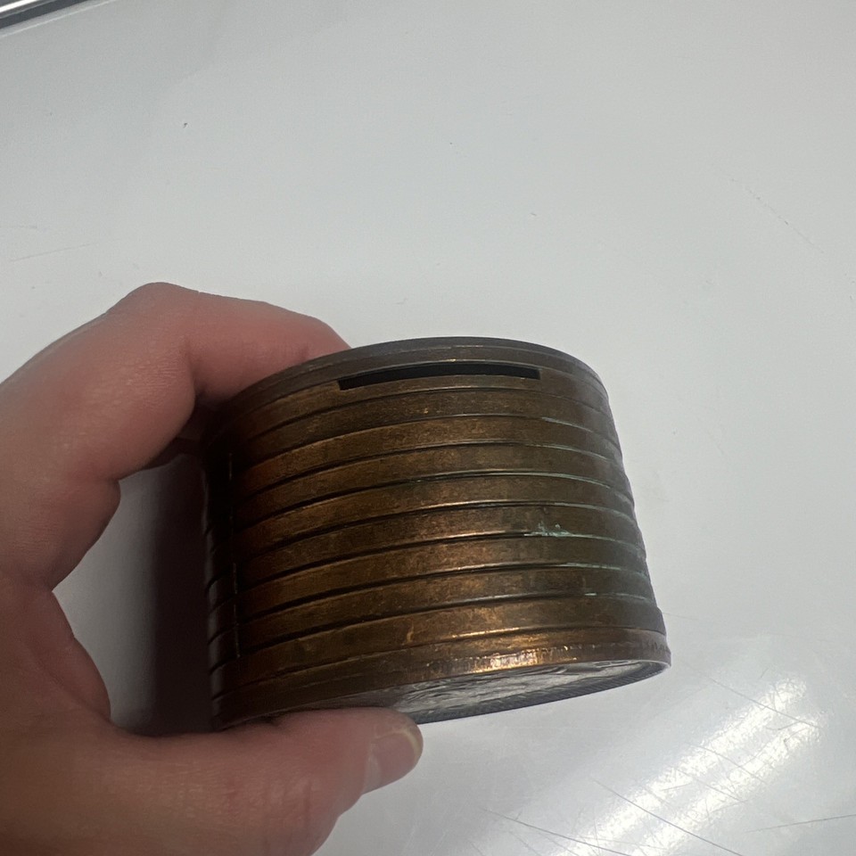 Vintage 1877 Indian Head Penny Shape Piggy Bank Embossed Metal Stacked ...