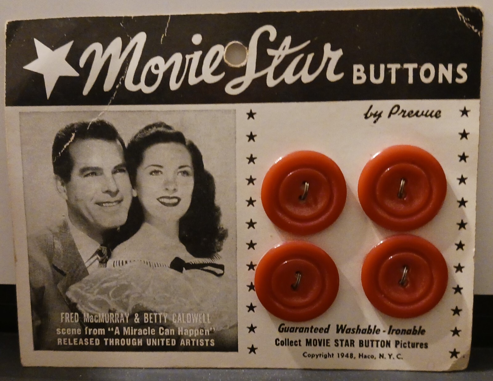 MOVIE STAR BUTTONS - FRED MacMURRAY & BETTY CALDWELL - 1948 - 4 RED ...