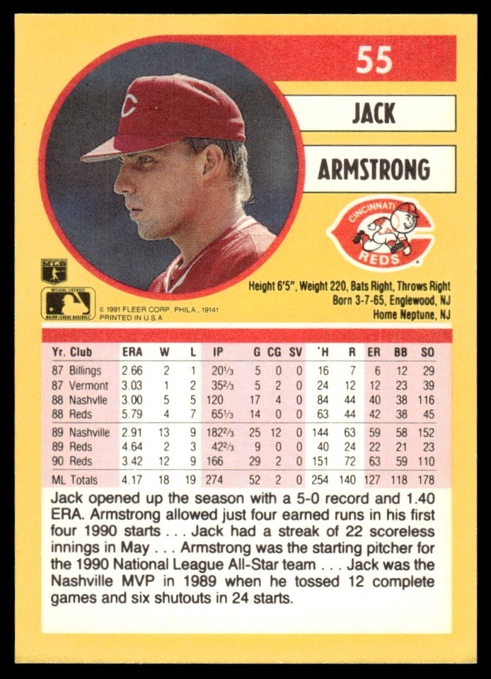1991 Fleer Baseball Card Jack Armstrong Cincinnati Reds #55 | eBay