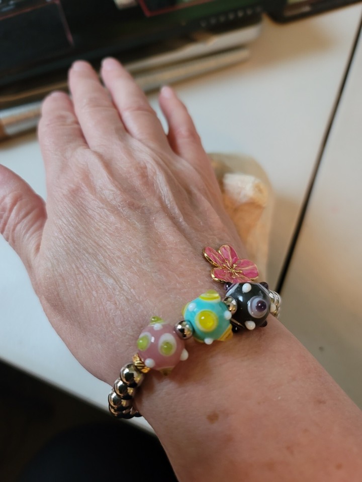 Lampwork Bumpy Glass Flower Beaded Bracelet Stainless Boho Spring | eBay
