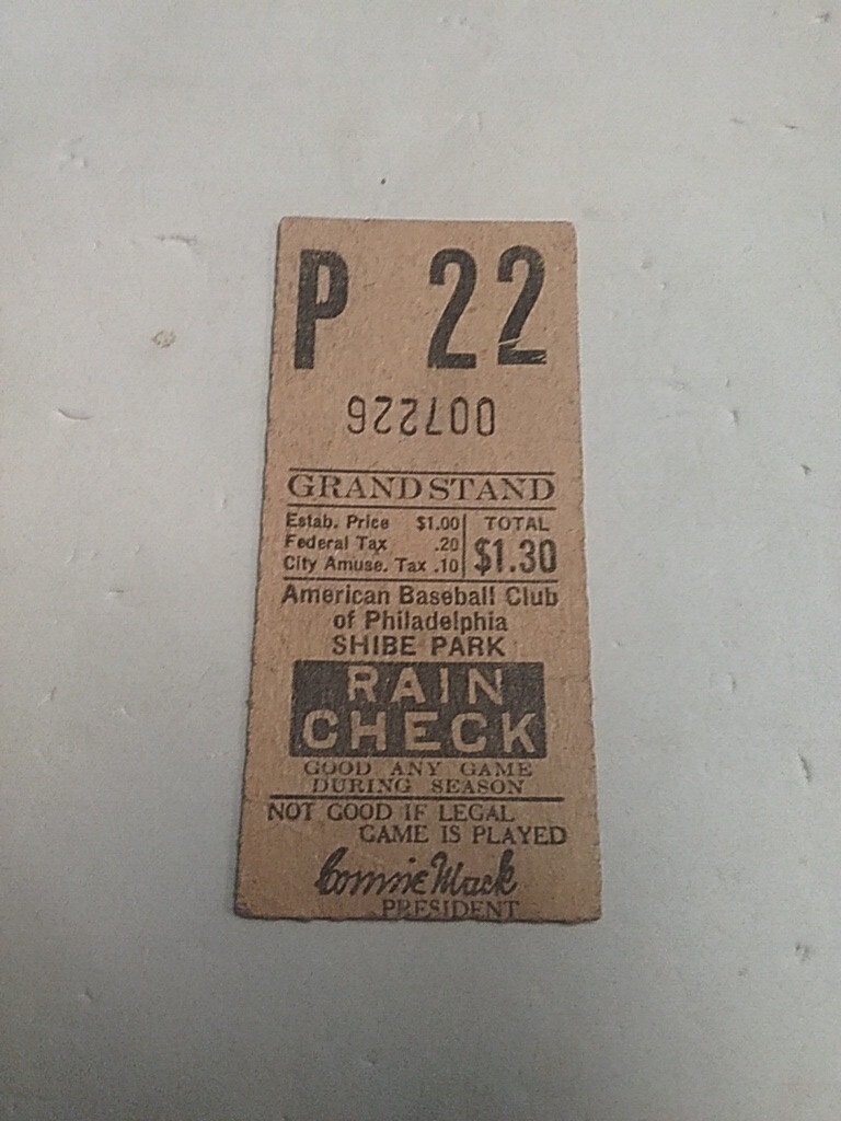 1940's Rain Check Ticket American Baseball Club Of Philadelphia Shibe ...