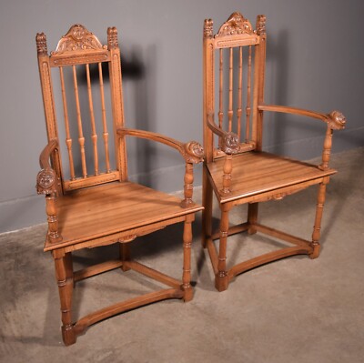 Pair of Antique Renaissance Revival Arm Chairs Solid Walnut Hand Carved ...