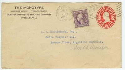 1916 Lanston Monotype Machine Co Phil PA to Argentina 3c Washington ...