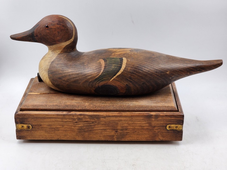 Wood Duck HAND CARVED Brass/Shell Casing Accents Lidded Folk Art Decoy ...