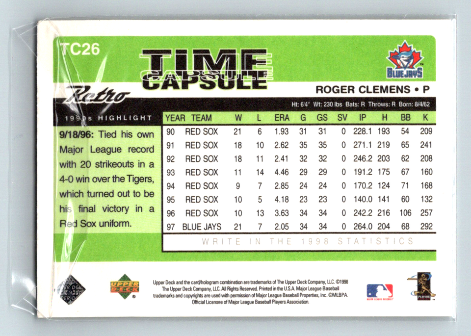 1998 Upper Deck - Retro - Time Capsule - Roger Clemens #TC26 | eBay
