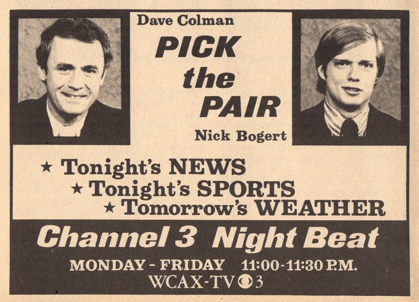 1977 TV AD/WCAX NEWS BURLINGTON,VERMONT/NICK BOGERT & DAVE COLMAN ...