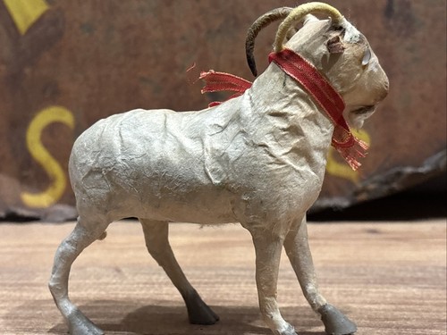 Antique PUTZ GERMANY Collared Paper Mache RAM . Glass Eyes. 4”x4” in ...