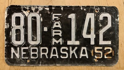 1952 NEBRASKA FARMER FARMING LICENSE PLATE " 80 142 " NE 52 FARM ...