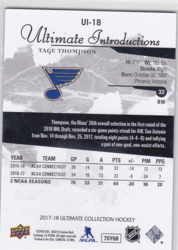 17/18 ULTIMATE COLLECTION..TAGE THOMPSON..ULTIMATE INTRODUCTIONS ...