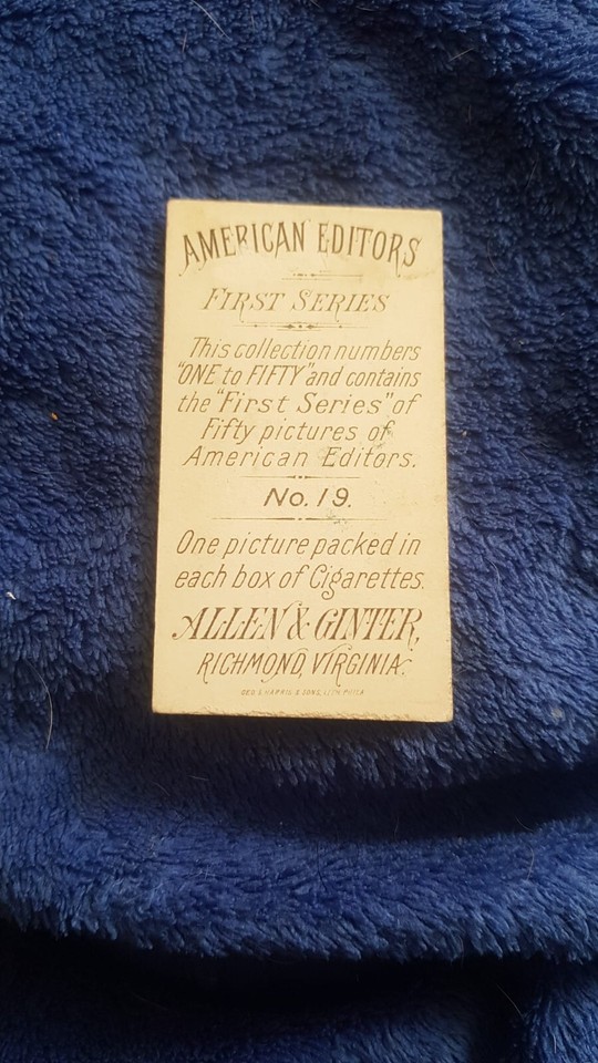 cigarette card- Allen & Ginter American Editors (1887)- S. J ...