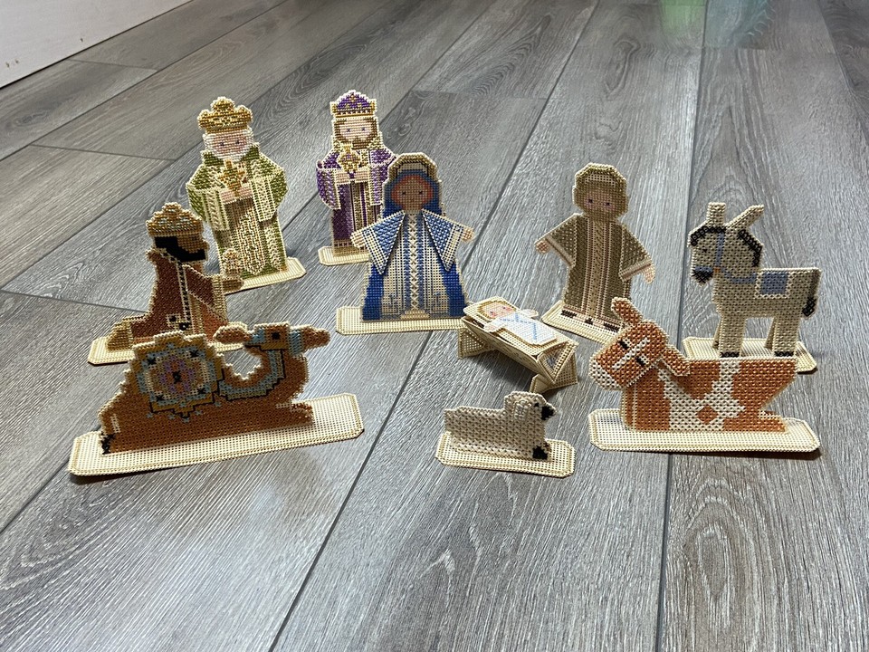 Vintage Paper Canvas Needlepoint Nativity Set Handmade Christmas 11 Pc ...