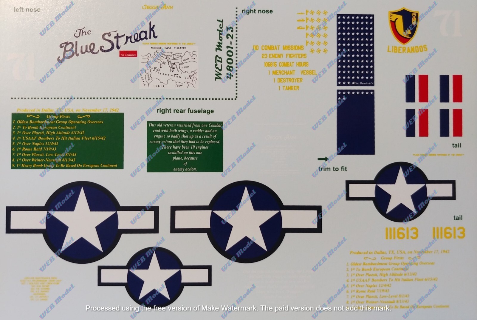 1/48 Scale B-24 Liberator Decals "The Blue Streak" printed by ...