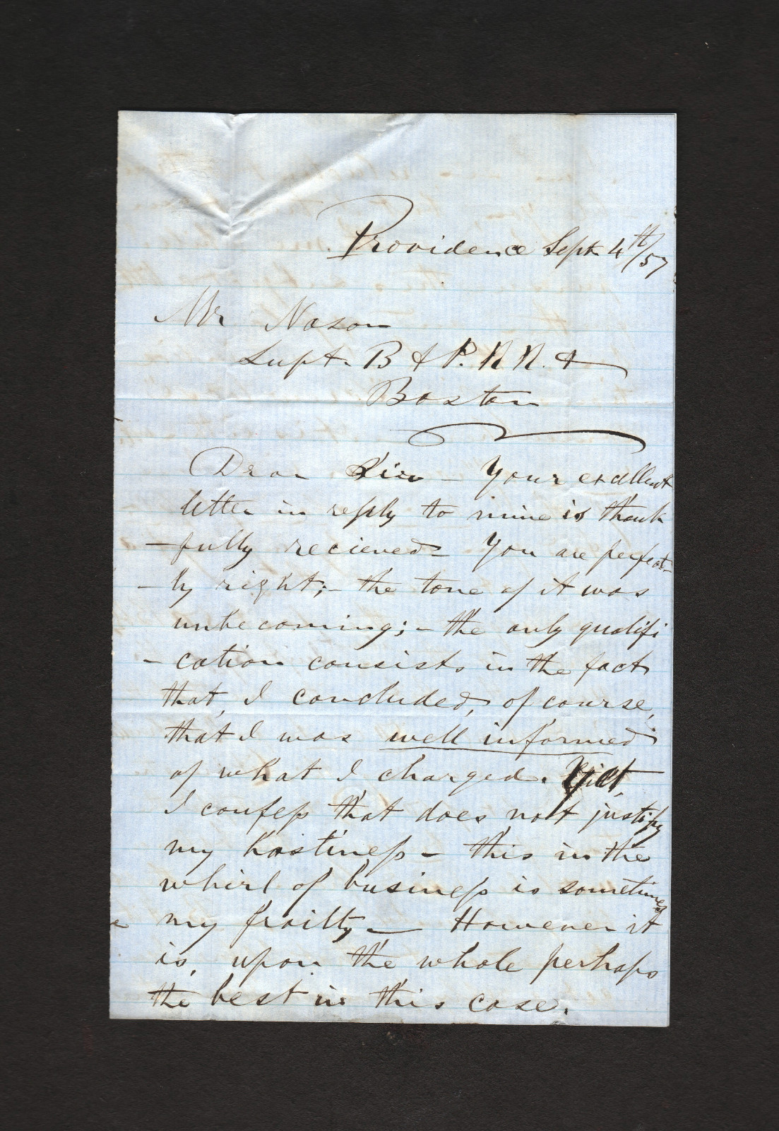 Boston & Providence Railroad - 1857 letter to DANIEL NASON charging ...