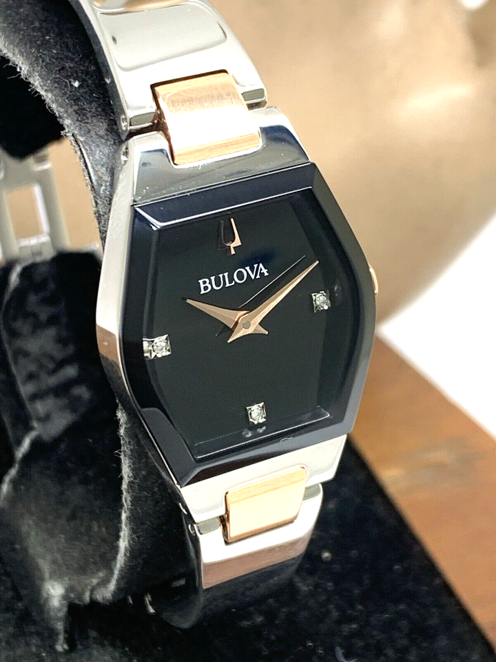 Bulova Womens Watch 98P216 Gemini Diamond Black Dial 2-Tone Quartz ...