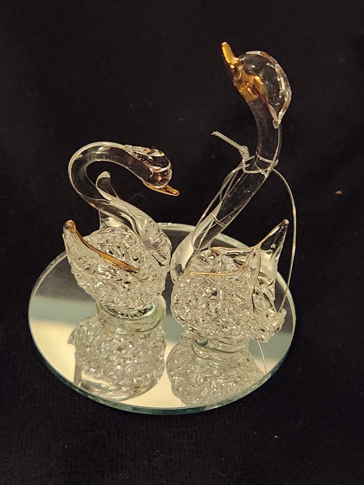 New Spun Glass Swans Figurine 24 Karat Gold Plated Mirror Base w Box | eBay