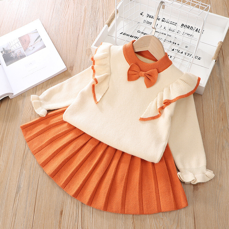 Baby Girls knit Clothes Set Pullover Bow Tops Pleated skirt Autumn ...