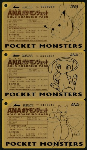 1998 Pokemon FLYING PIKACHU MEWTWO MEW Set JPN ANA Airways GOLD ...