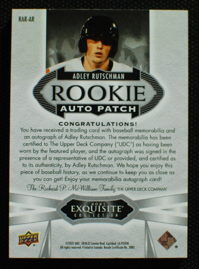 🌟 ADLEY RUTSCHMAN - 2021 UD Exquisite Jersey Patch Rookie AUTO RC RPA ...