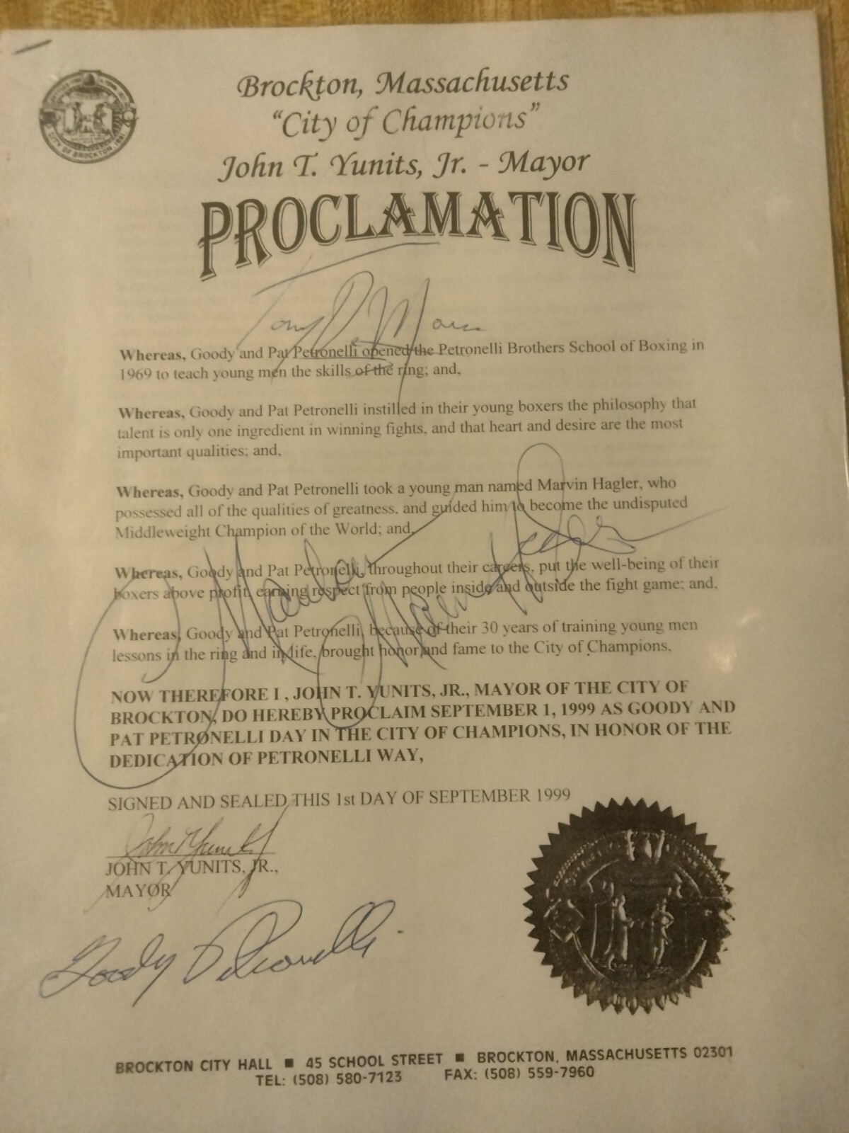 Signed Marvin Hagler, Tony DeMarco & Goody Petronelli Proclamation of ...