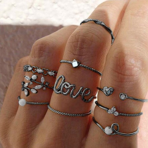 1Set Bohemia Style Crystal Rings Letter LOVE Heart Flower Zircon Finger ...