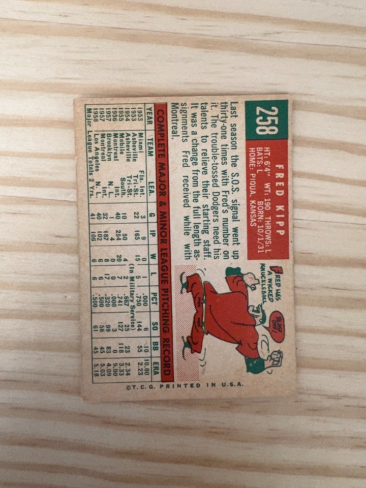 1959 Topps #258 Fred Kipp RC - Los Angeles Dodgers (invD1) | eBay