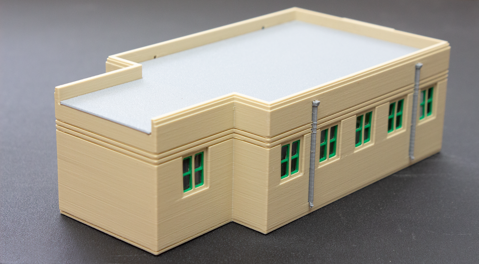 3D printed N scale model Art Deco municipal building. Desert tan with ...