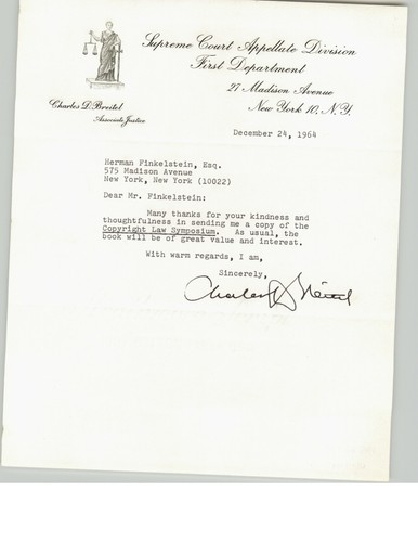 Judge Charles D Breitel Signed Herman Finkelstein Letter Supreme Court ...