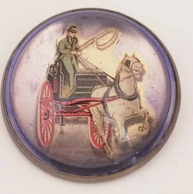 Vintage Brass Glass Dome Antique Rider Horse Buggy Coachman Pin Brooch ...