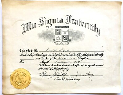 ORIGINAL VINTAGE 1947 MU SIGMA FRATERNITY MEMBERSHIP CERTIFICATE ...