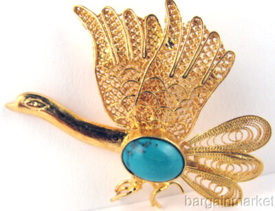 Sterling Silver Vermeil Gold Overlay Filigree Goose Duck Bird Turquoise ...
